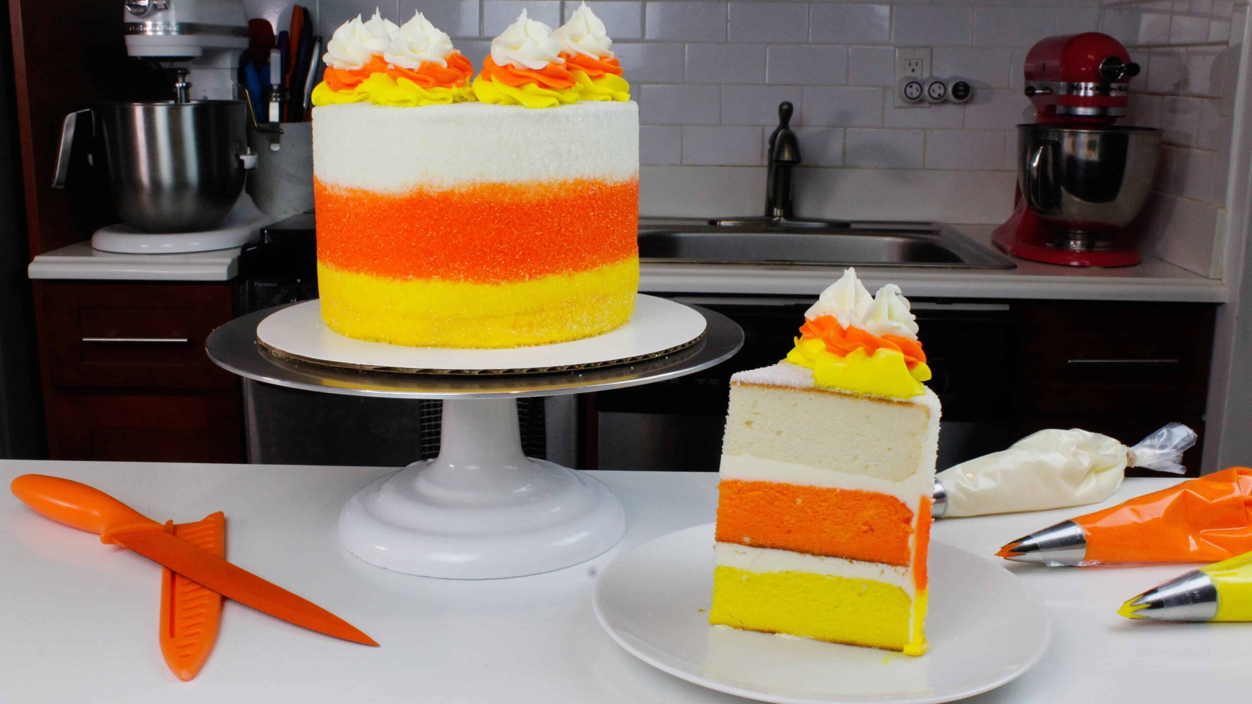 Candy Corn Cake: Fluffy Vanilla Cake w/ Marshmallow Frosting
