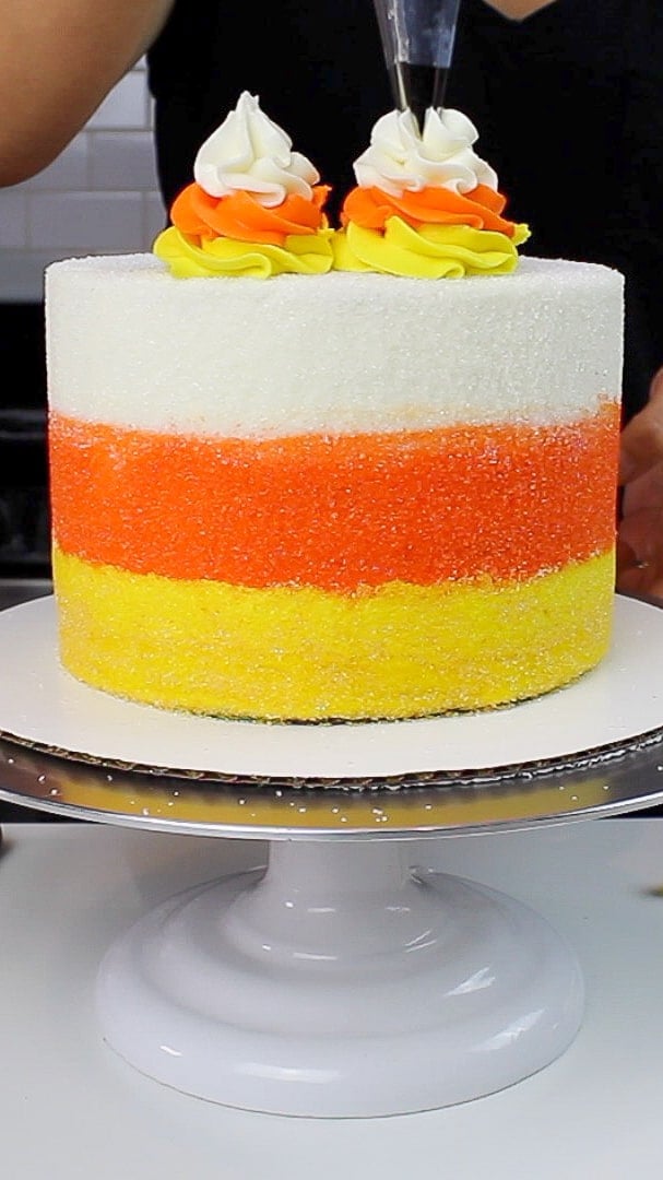Candy Corn Cake: Fluffy Vanilla Cake w/ Marshmallow Frosting