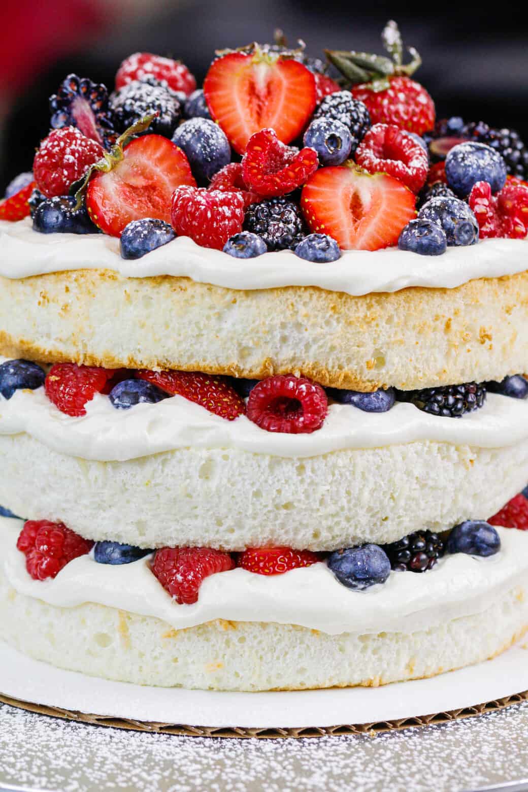 Layered Angel Food Cake - Fluffy Cake Layers Frosted w/ Whipped Cream