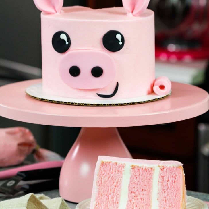 Pig Birthday Cake: Moist Pink Cake Layers w/ Buttercream Frosting