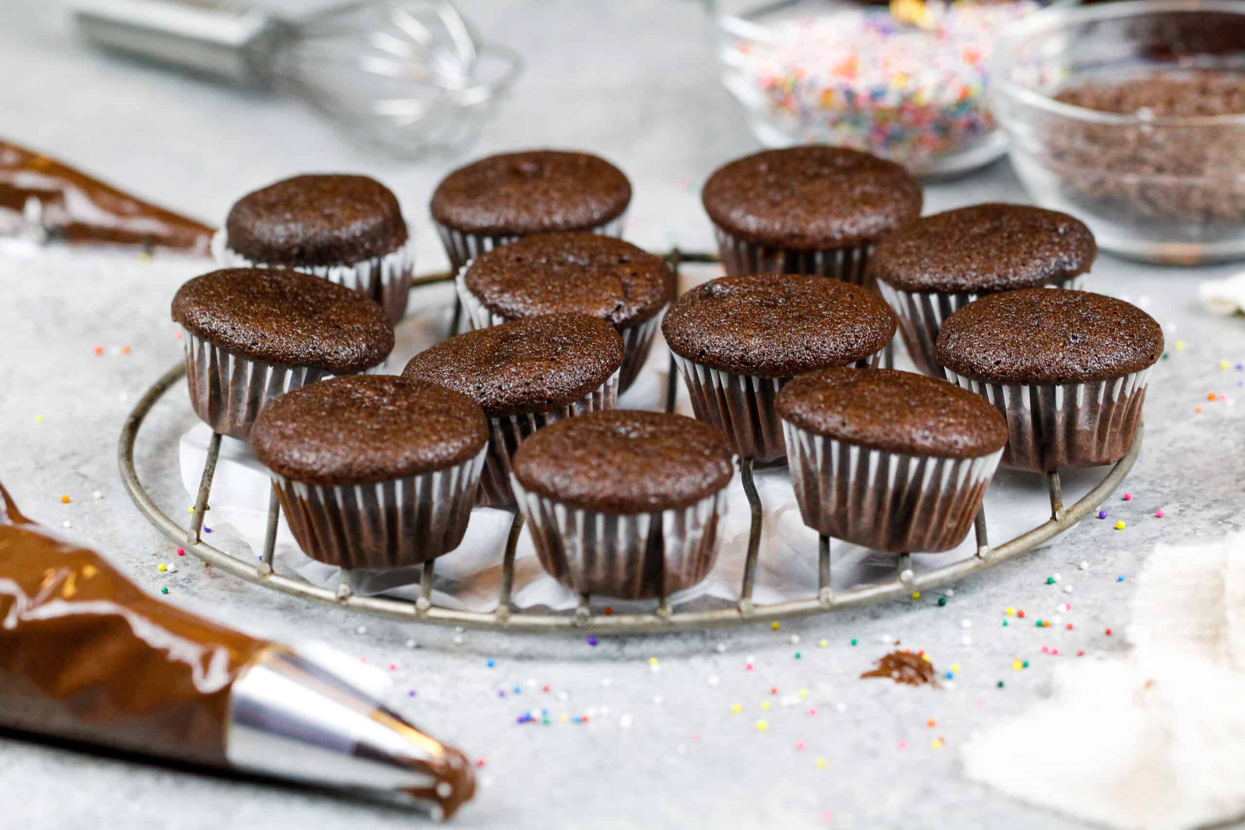 Mini Chocolate Cupcakes w/ Chocolate Buttercream - Chelsweets