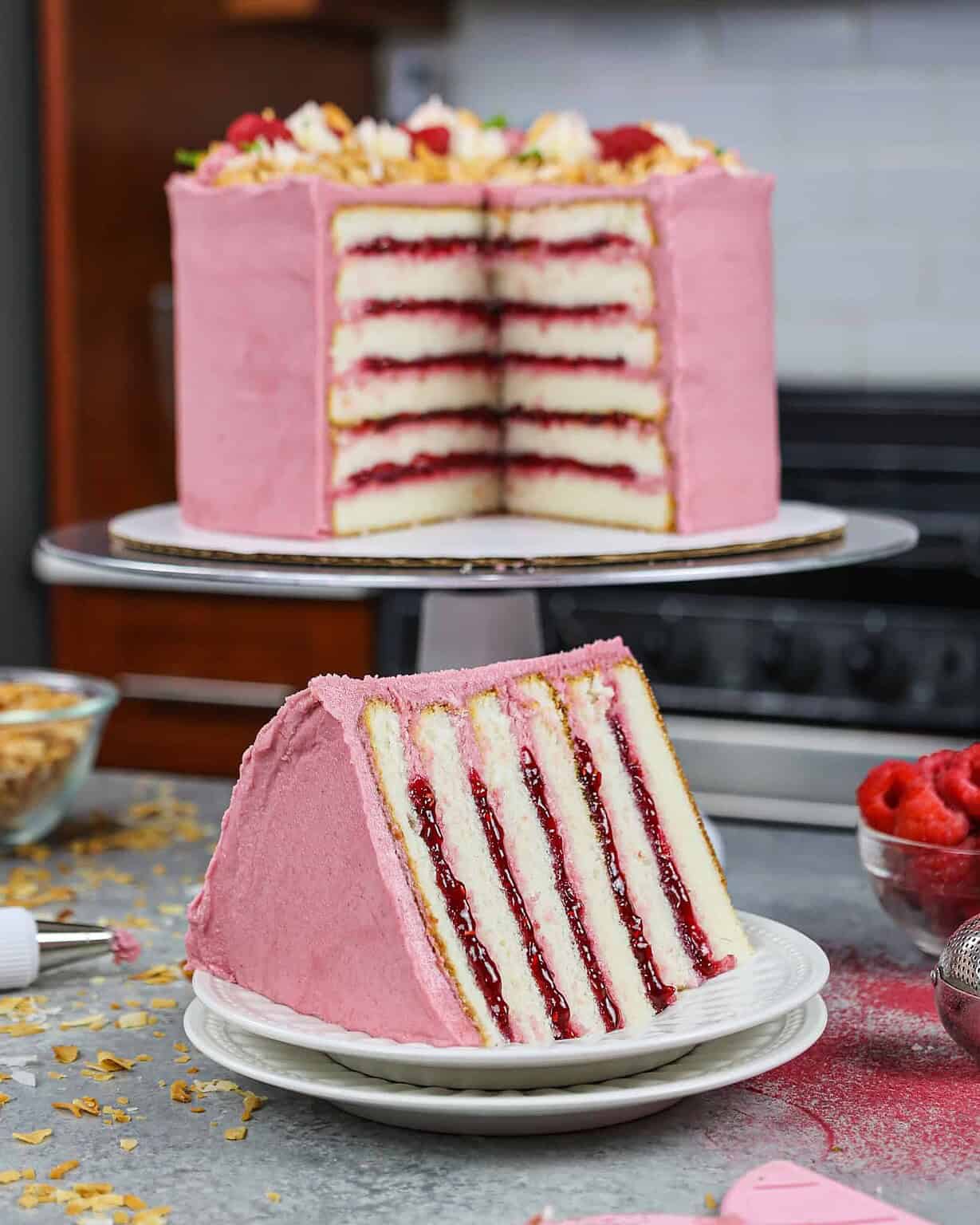 Raspberry and Coconut Cake - Fluffy Cake Layers w/ Raspberry Frosting