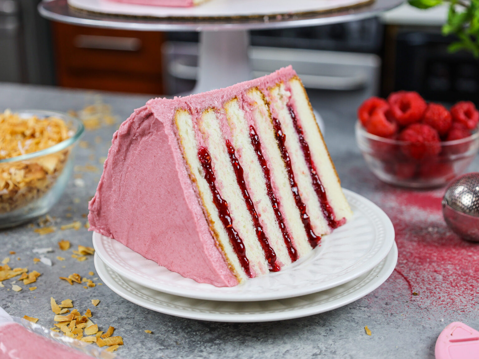 Raspberry and Coconut Cake - Fluffy Cake Layers w/ Raspberry Frosting