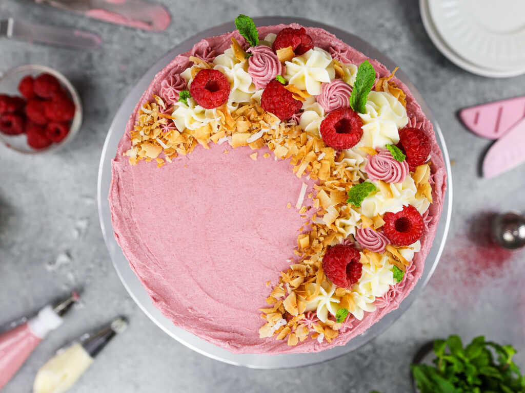 Raspberry and Coconut Cake - Fluffy Cake Layers w/ Raspberry Frosting
