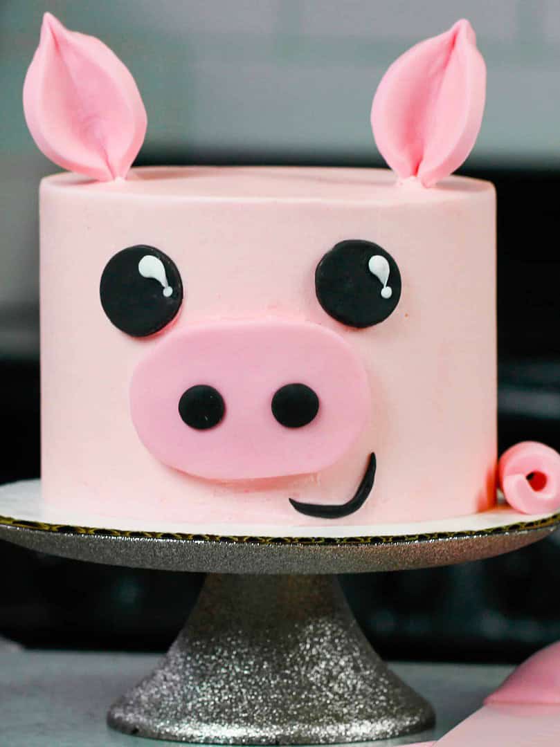 Pig Birthday Cake: Moist Pink Cake Layers w/ Buttercream Frosting